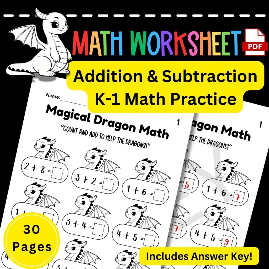 Dragon Math Worksheets for Kids - Addition & Subtraction (1-9) | K-1 ...