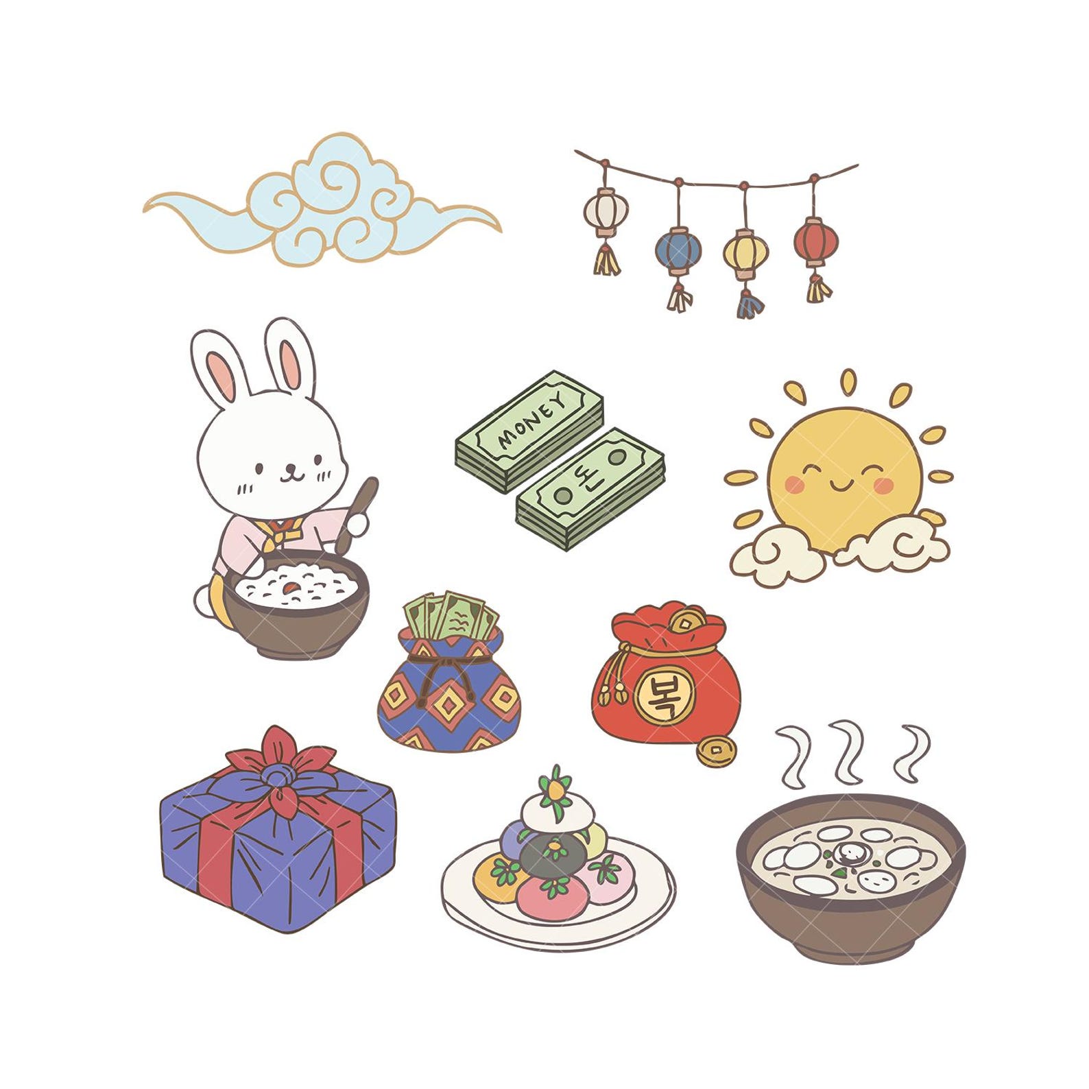 Hand-drawn Lunar New Year (seollal) Korean Traditional Color Clipart ...