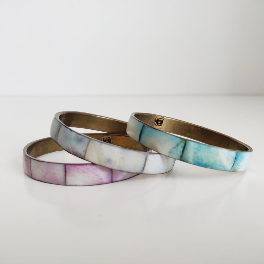 Vintage Mother of Pearl Inlayed Brass Bangles, Set of 3 - Etsy