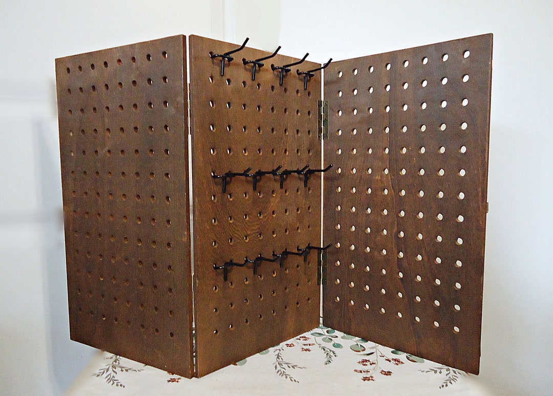 Large Heavy Duty Tri-fold Display, Wooden, 48 Peg Hooks, Pegboard ...
