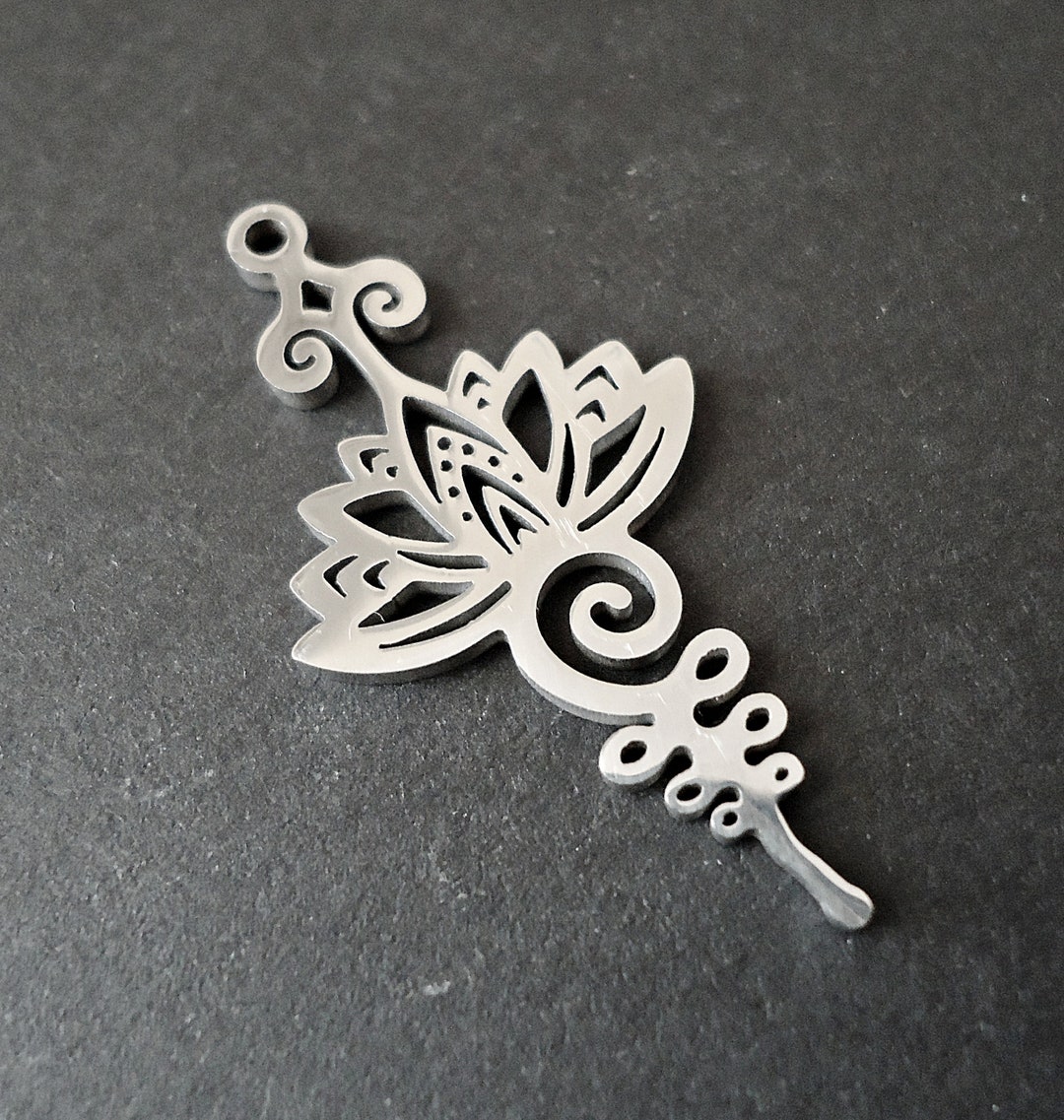 Stainless Steel Pendant, Focal Component, Long Lotus Flower, Boho, 1 3/ ...