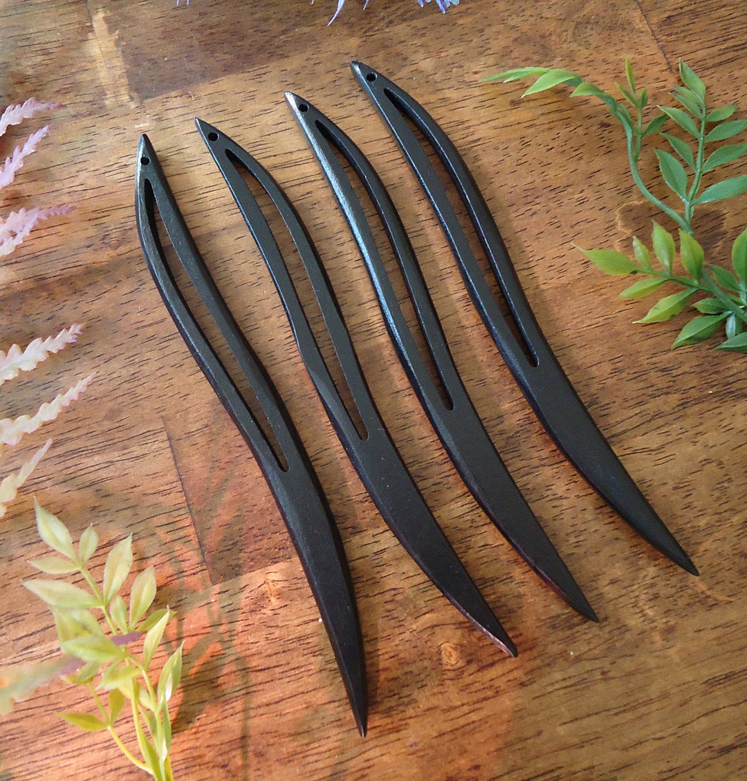 Wooden Hair Sticks - Black Wavy With Hole for Embellishing - 6.5