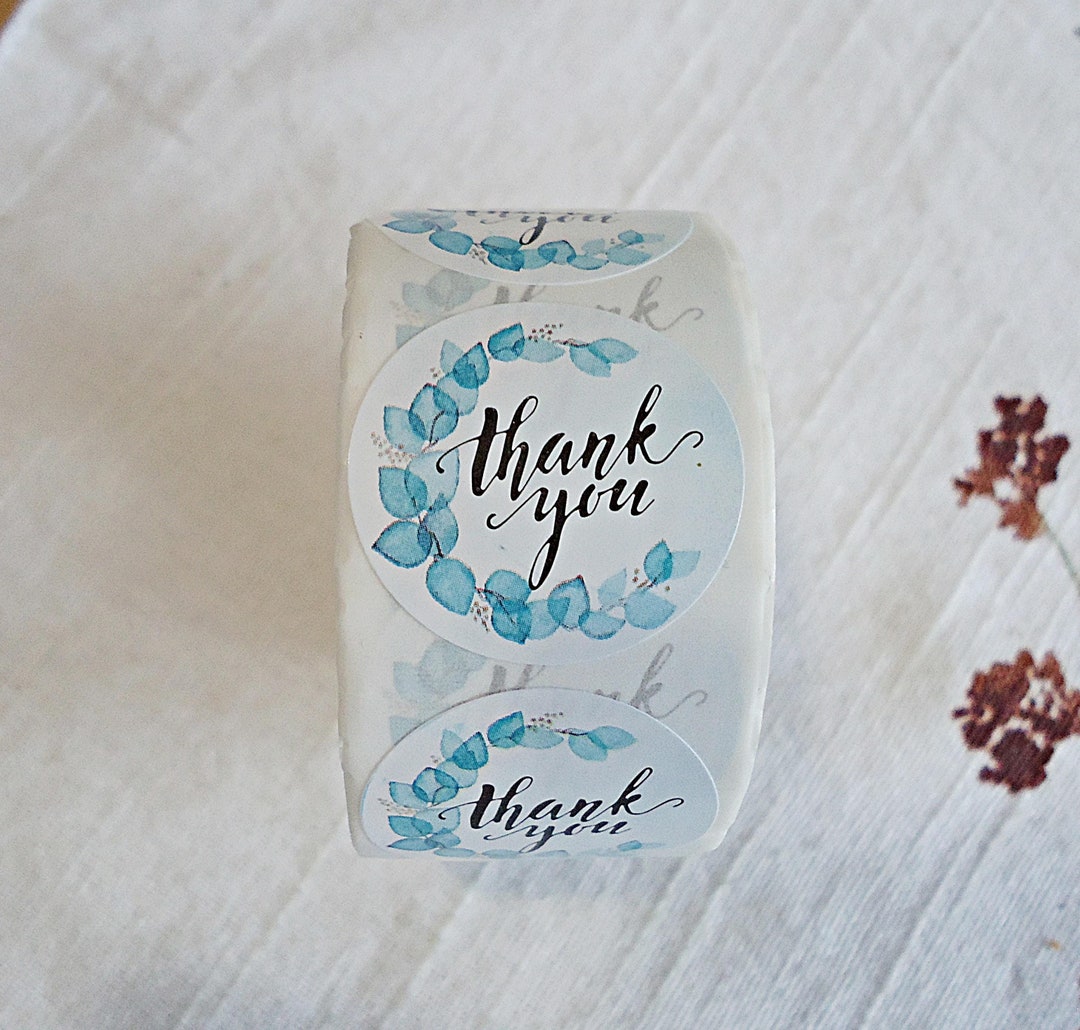 Stickers, 'thank You', Blue Leaves, Cursive Writing, 1 Inch Wide ...