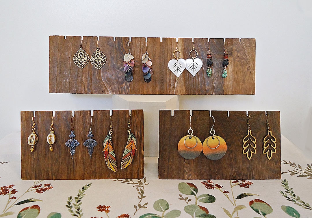 Set of 3 Wooden Earring Display Boards, Brown, Holds 12 Pairs of ...