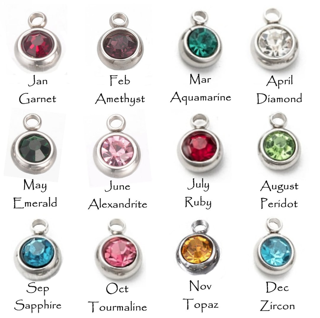 Small Stainless Steel Birthstone Charms - 6mm - Set of 12 - Glass ...