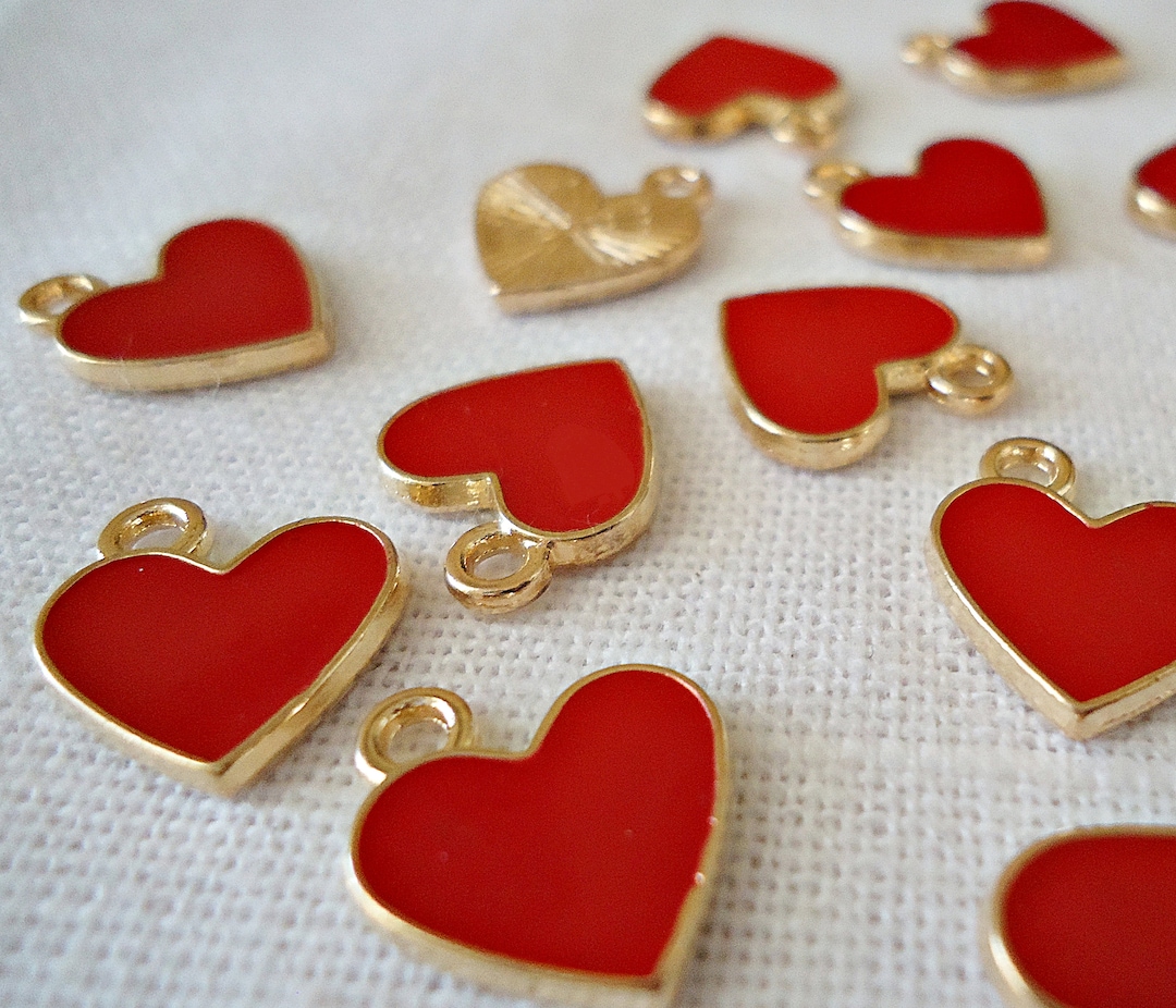 Small Red Heart Charms, Red Enameled and Light Gold, 1/2" Wide, Set of ...