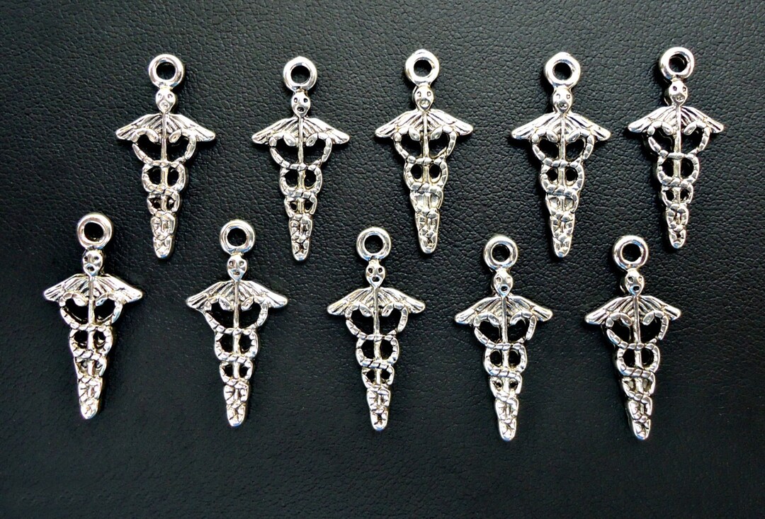 Silver Medical Caduceus Charms / Pendants - Set of 10 - Nurse Doctor ...