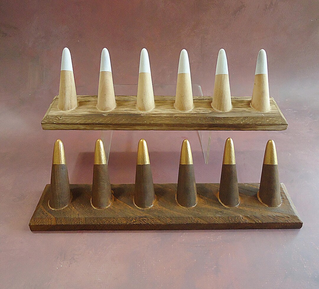 Wooden Ring Display, 6 Finger Ring Cones, 11" Wide, Natural With White ...