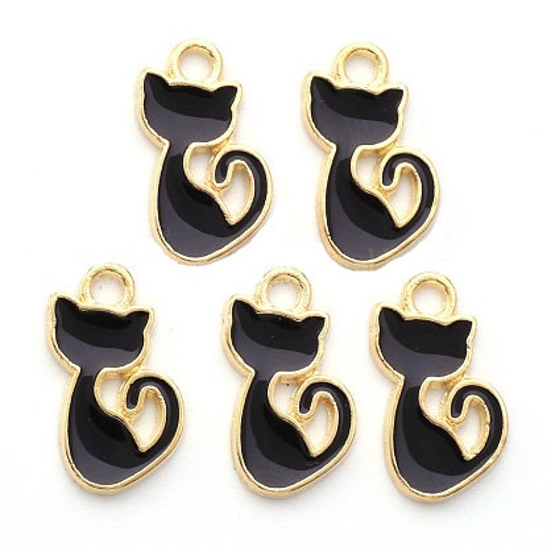 Small Black Cat Charms, Black Enamel and Gold Plating, 15mm, Set of 10 ...