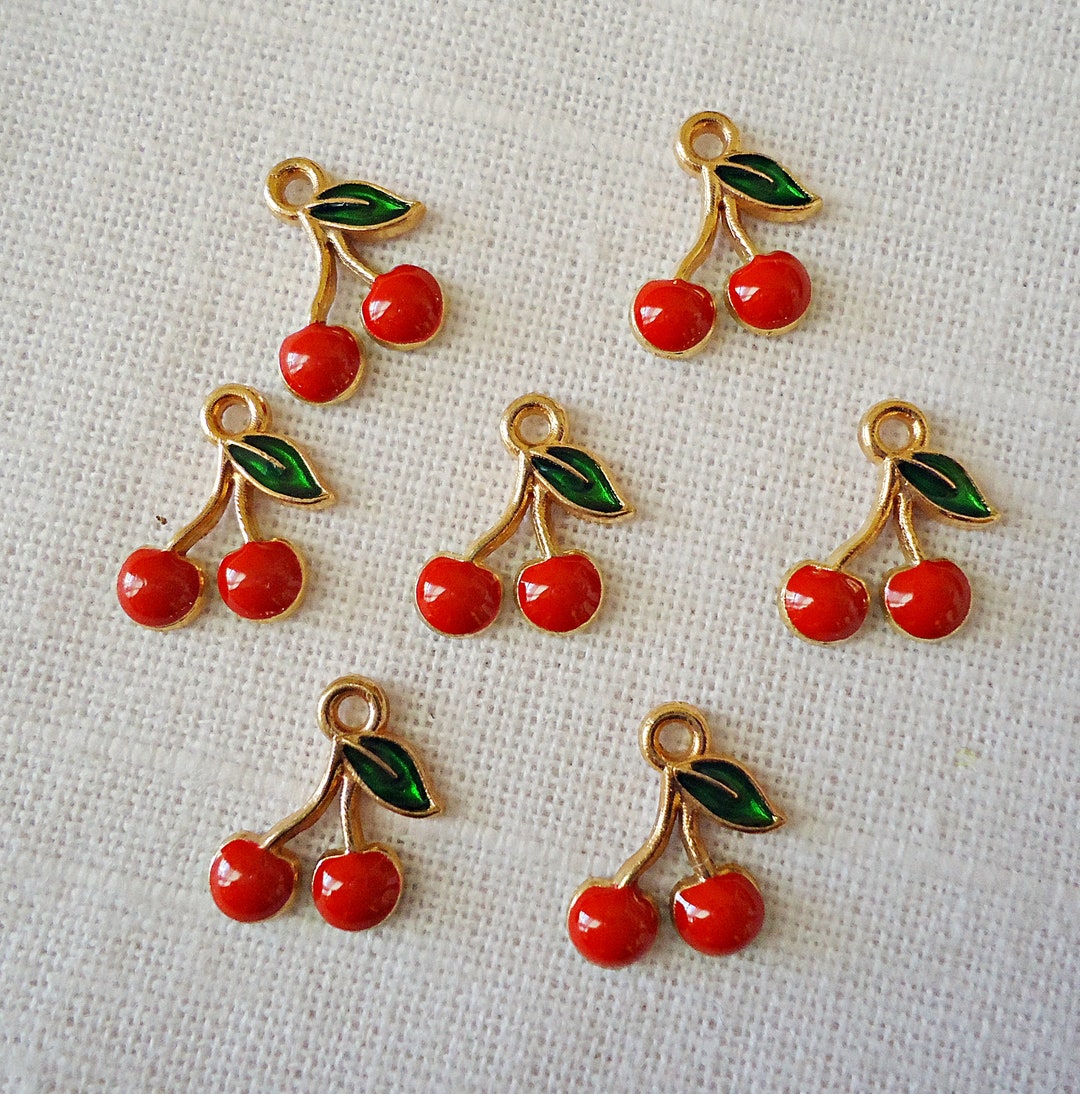 Small Red Cherry Charms, Red Enameled and Light Gold, 1/2" Tall, Set of ...