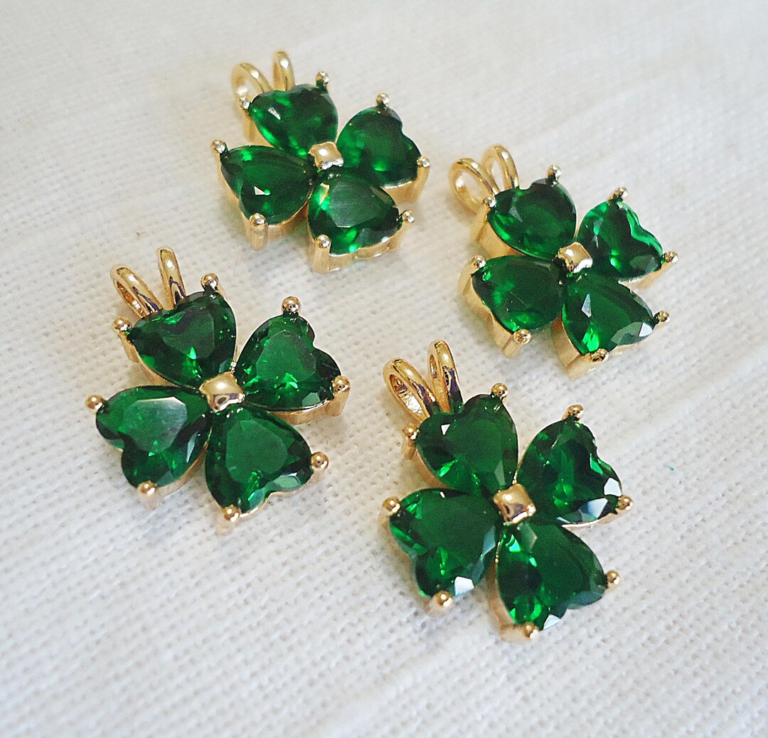 Emerald Green Crystal Shamrock Pendant, Four Leaf Clover, Gold Bail ...
