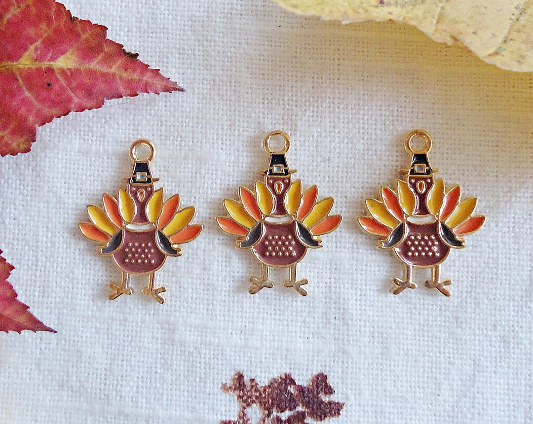 Turkey Pilgrim Thanksgiving Charms, Enameled Turkeys With Pilgrim Hats ...