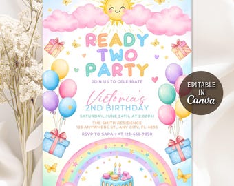 Editable Ready Two Party Invitation, 2nd Birthday Girl Invitation ...