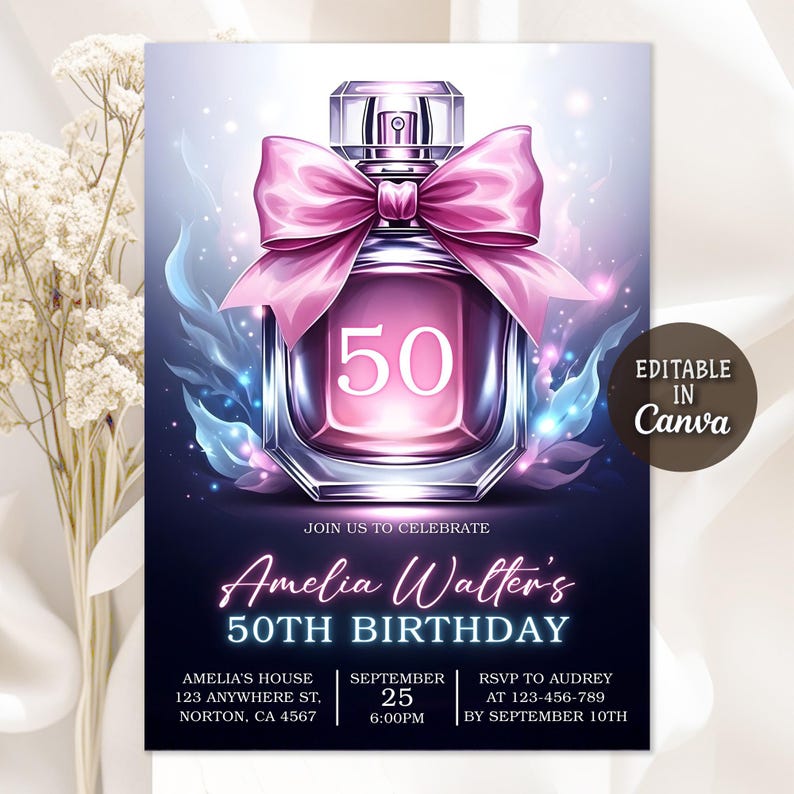 Perfume Bottle 50th Birthday Invitation, Woman's 50th Birthday ...