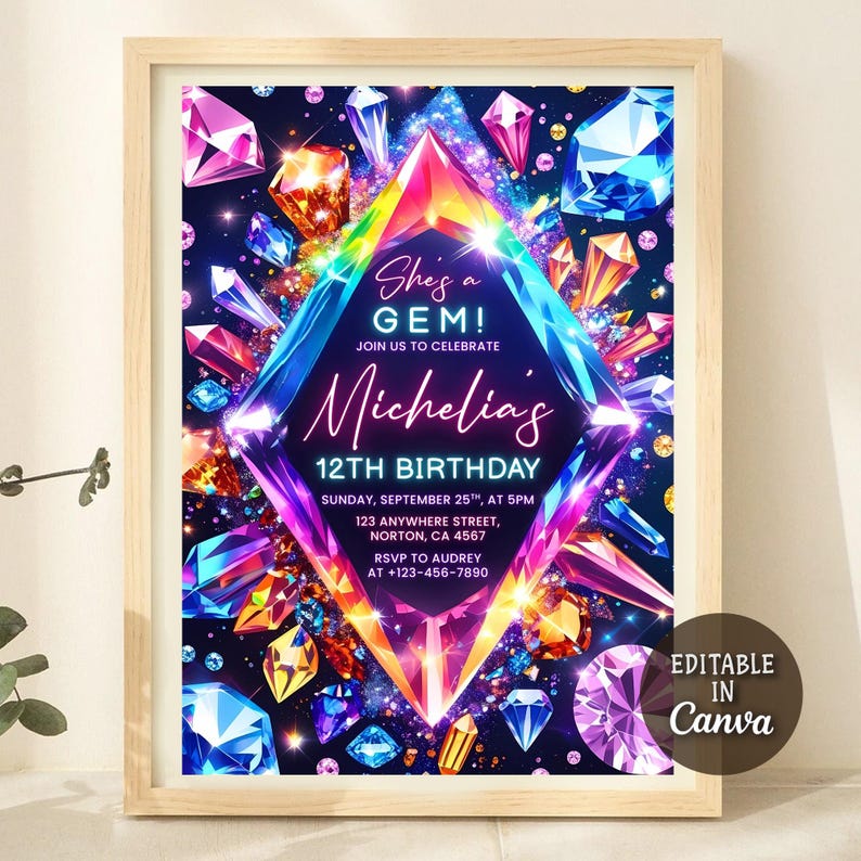 Crystal Gemstone Birthday Invitation, Colorful Crystal Birthday Invite ...