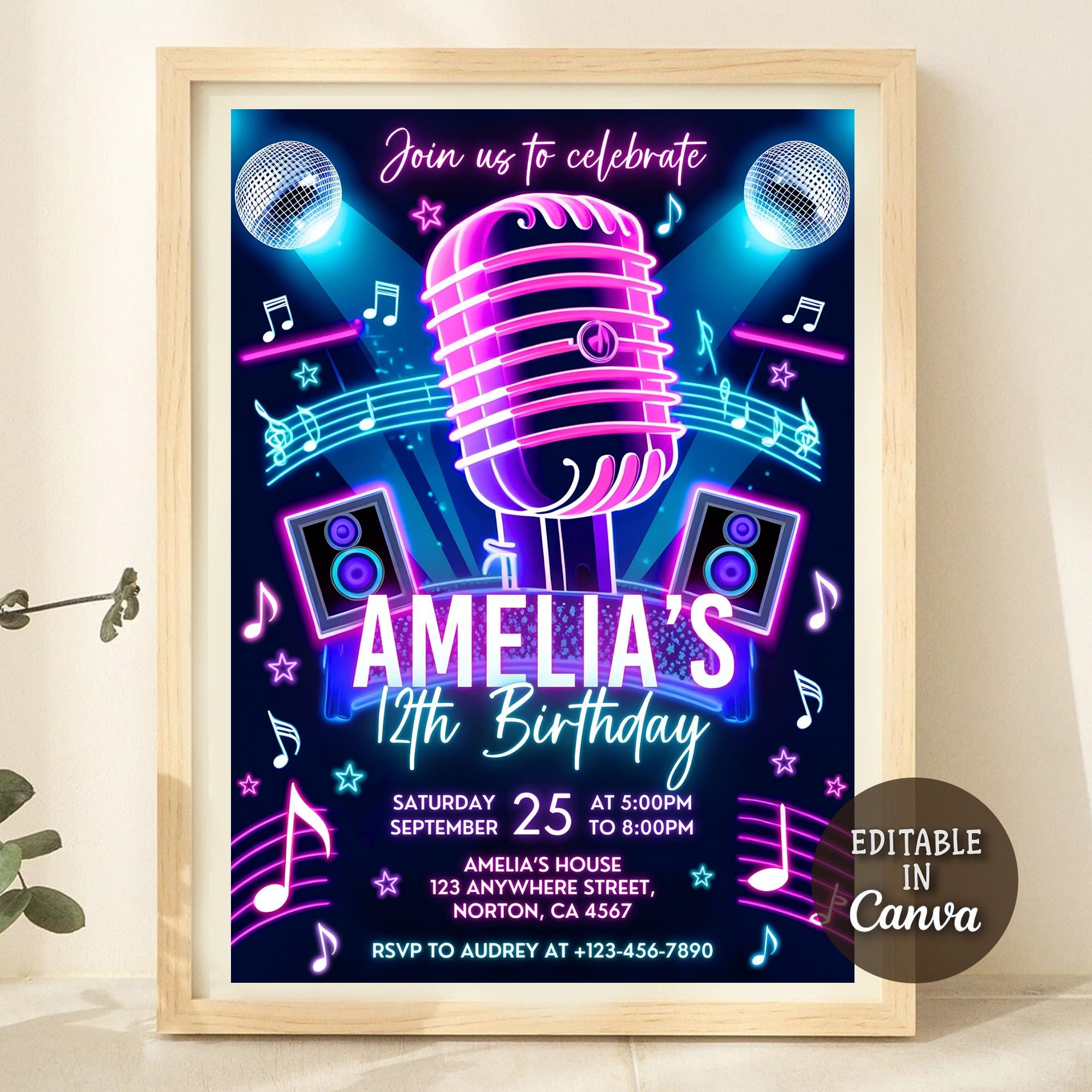 Karaoke Party Birthday Invitation, Singing, Music Birthday Party, Neon ...