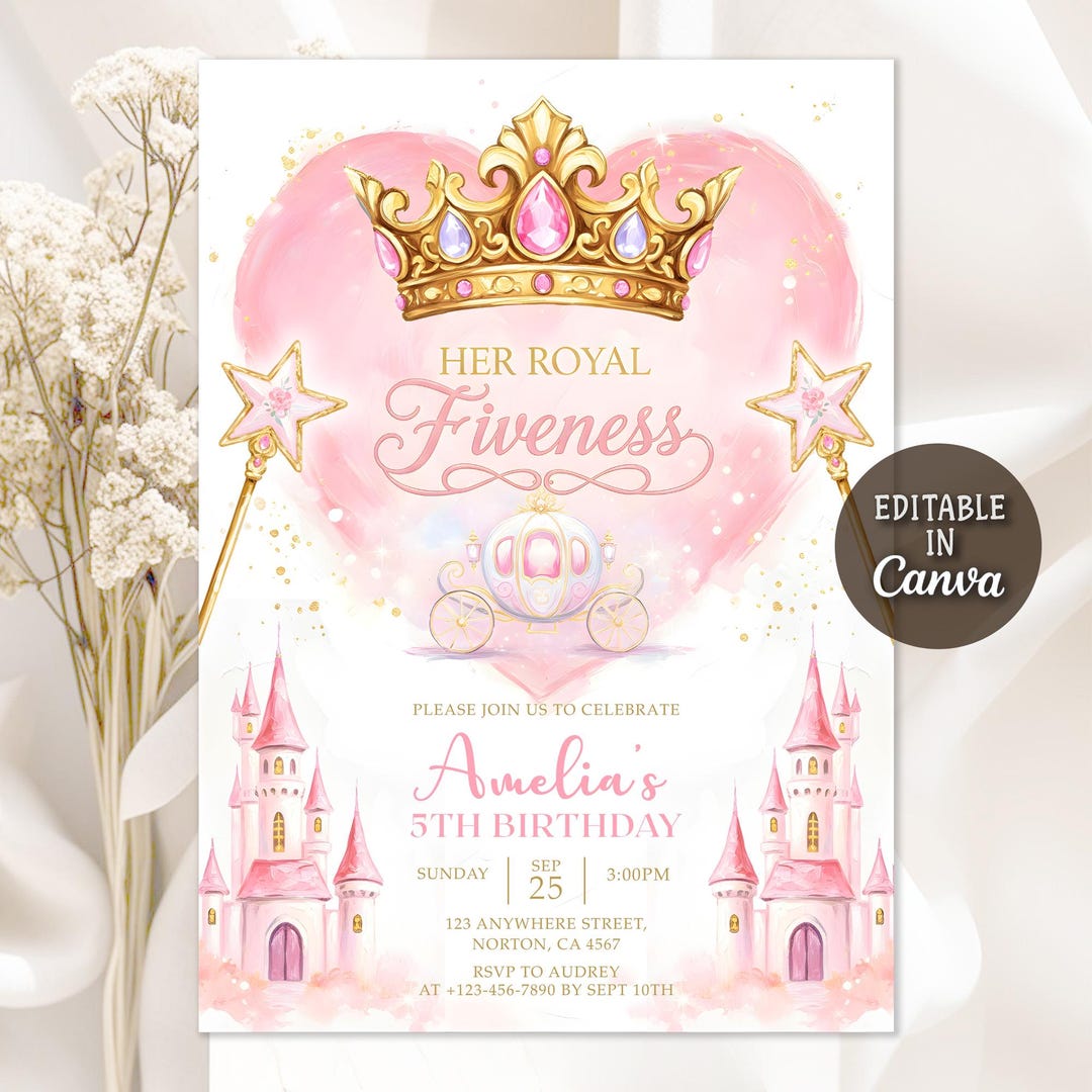 Her Royal Fiveness Princess Birthday Invitation, Girls Princess Invite ...