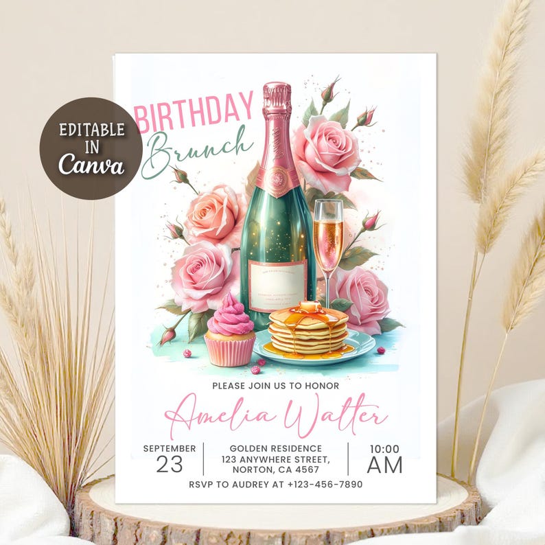 Birthday Brunch Invitation, Brunch Flyer Birthday Invitation, Champagne ...