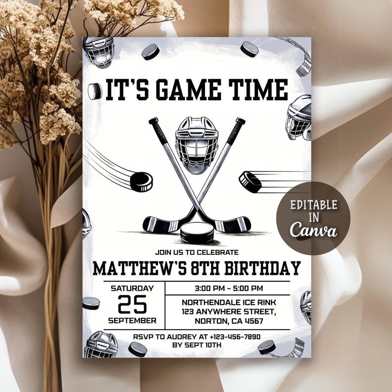 Ice Hockey Birthday Party Invitation, Ice-skating Invite, Double Sided ...