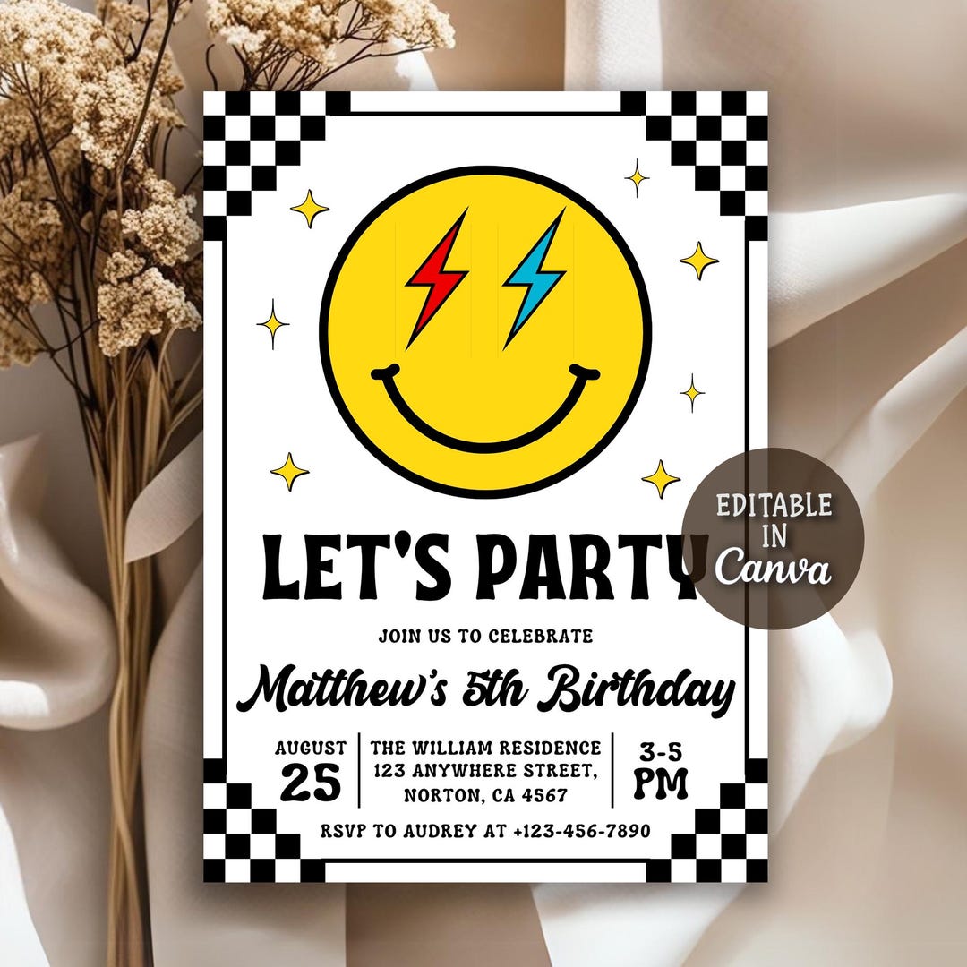 Boy Smile Face Let's Party Birthday Invitation, Smile Face Groovy ...