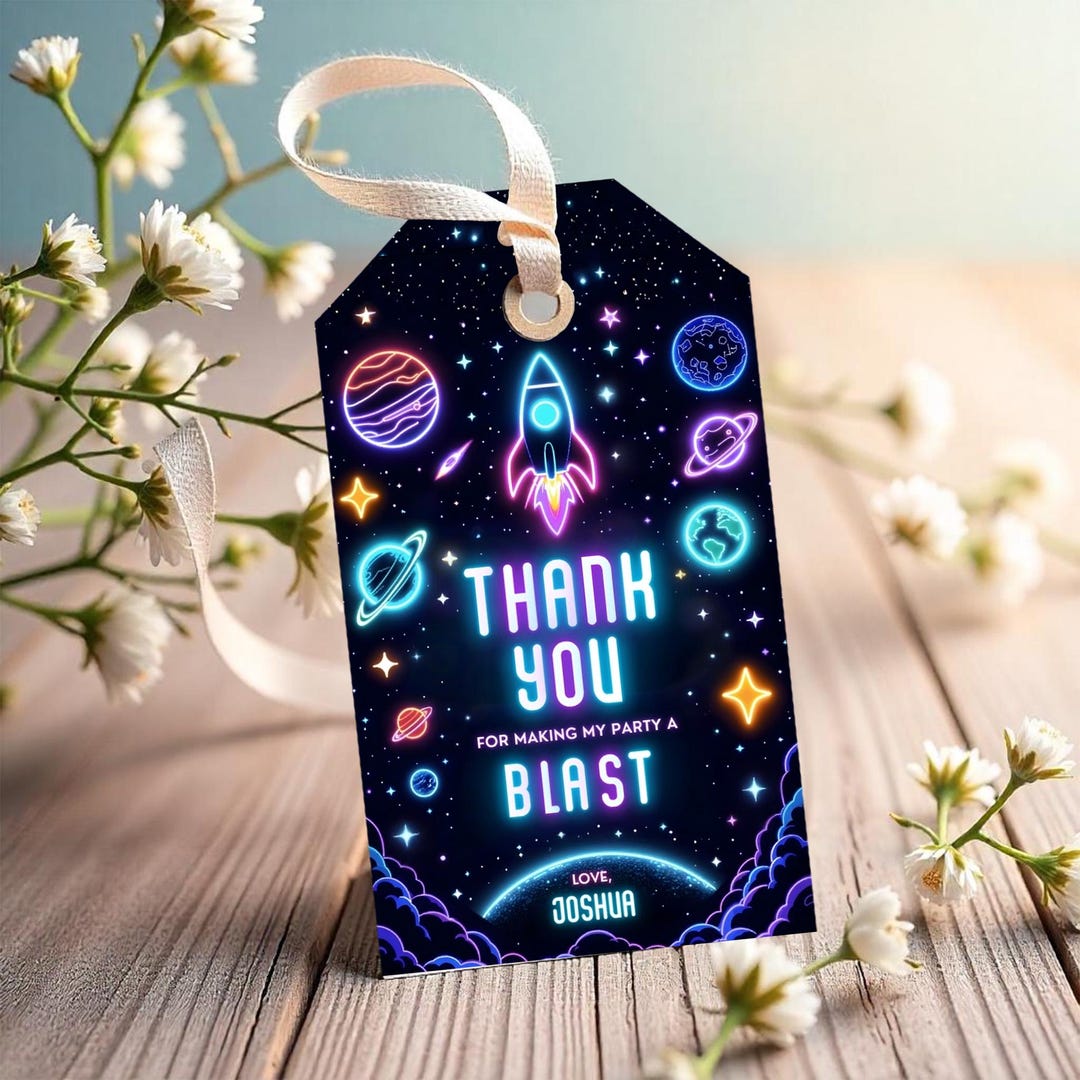 Neon Space Birthday Thank You Gift Tag, Galaxy Party, Astronaut Outer ...