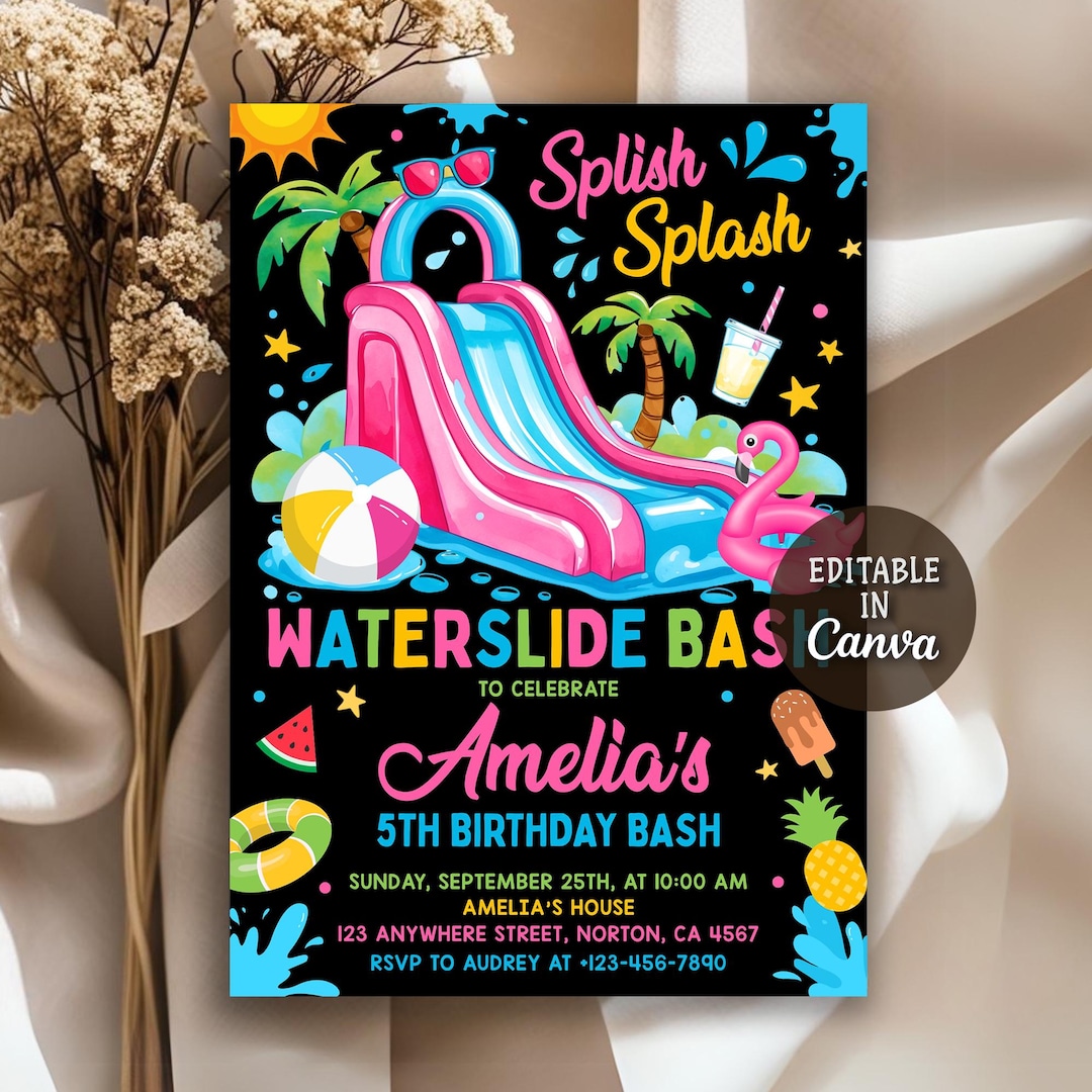 Water Slide Birthday Invitation, Water Slide Bash, Summer Pool Party ...