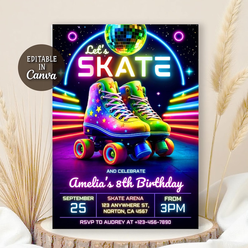 Roller Skating Birthday Invitation, Retro Neon Lights, Glow Roller ...