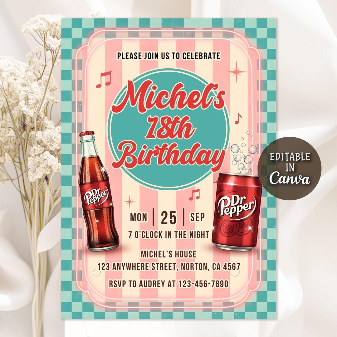Dr Pepper Soda Birthday Party Invitation, Custom Soda, Pop on Over ...