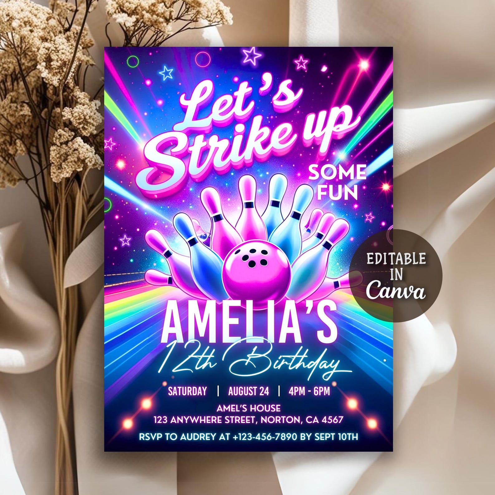 Bowling Birthday Invitation, Let's Strike up Some Fun, Girls Bowling ...