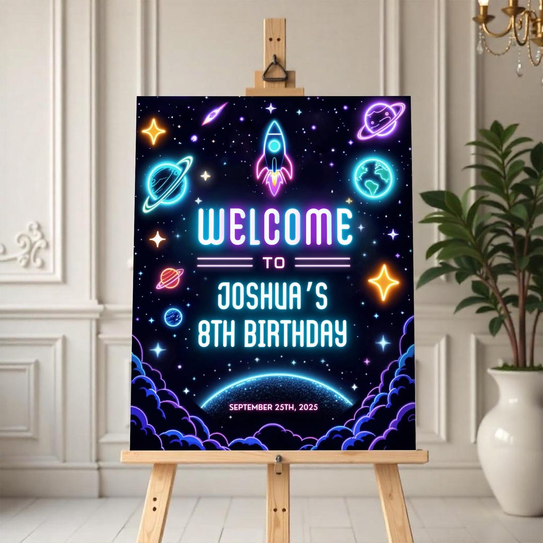Neon Space Birthday Welcome Sign, Galaxy Party Welcome Board, Astronaut ...