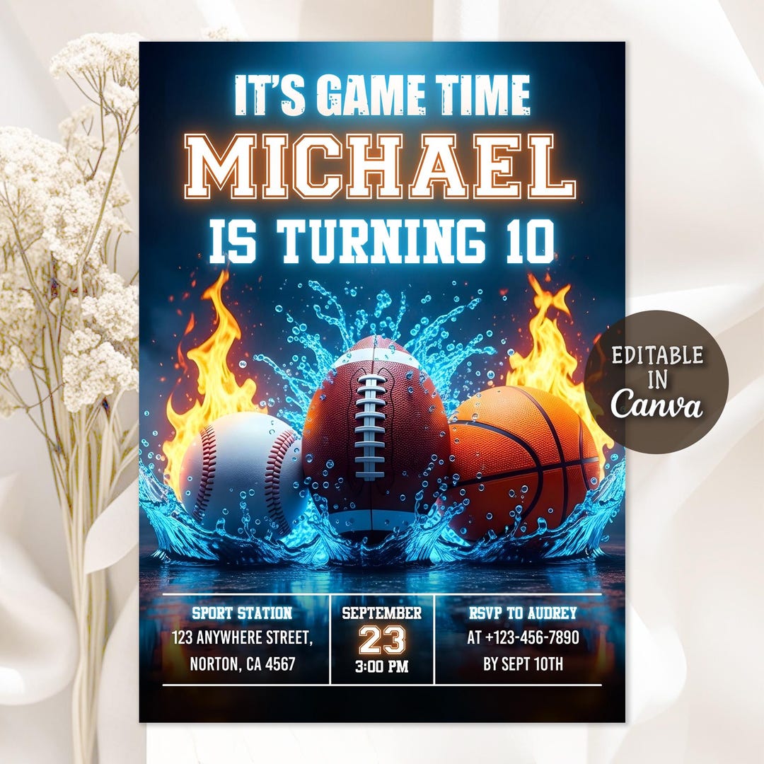 Sports Birthday Invitation, All Star Sports Invitation, Sport Theme ...