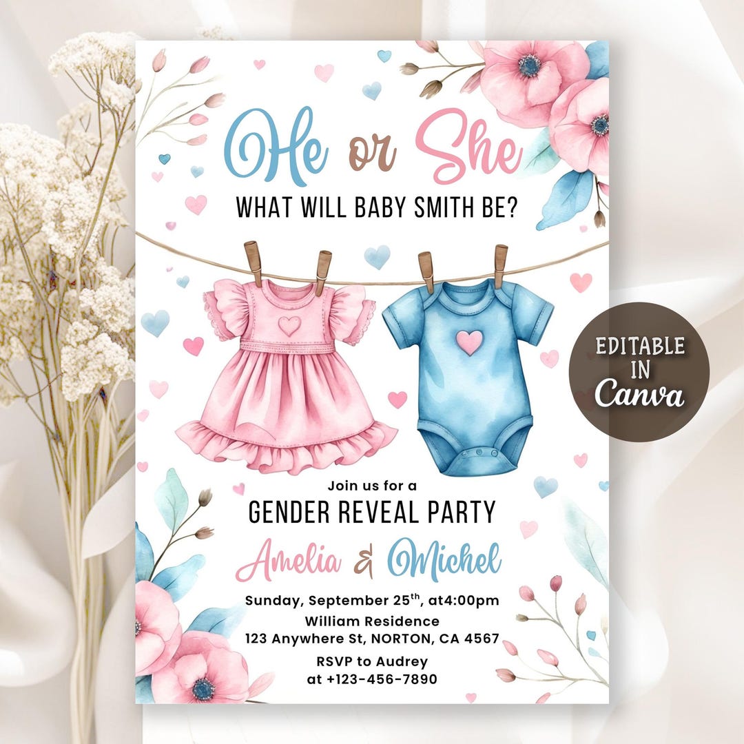 Pink or Blue Baby Clothes Gender Reveal Invitation, Surprise Party ...