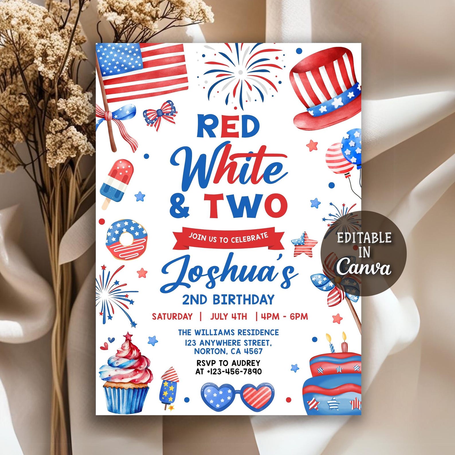 Red White and Two Birthday Invitation, 4th of July 2nd Birthday Party ...