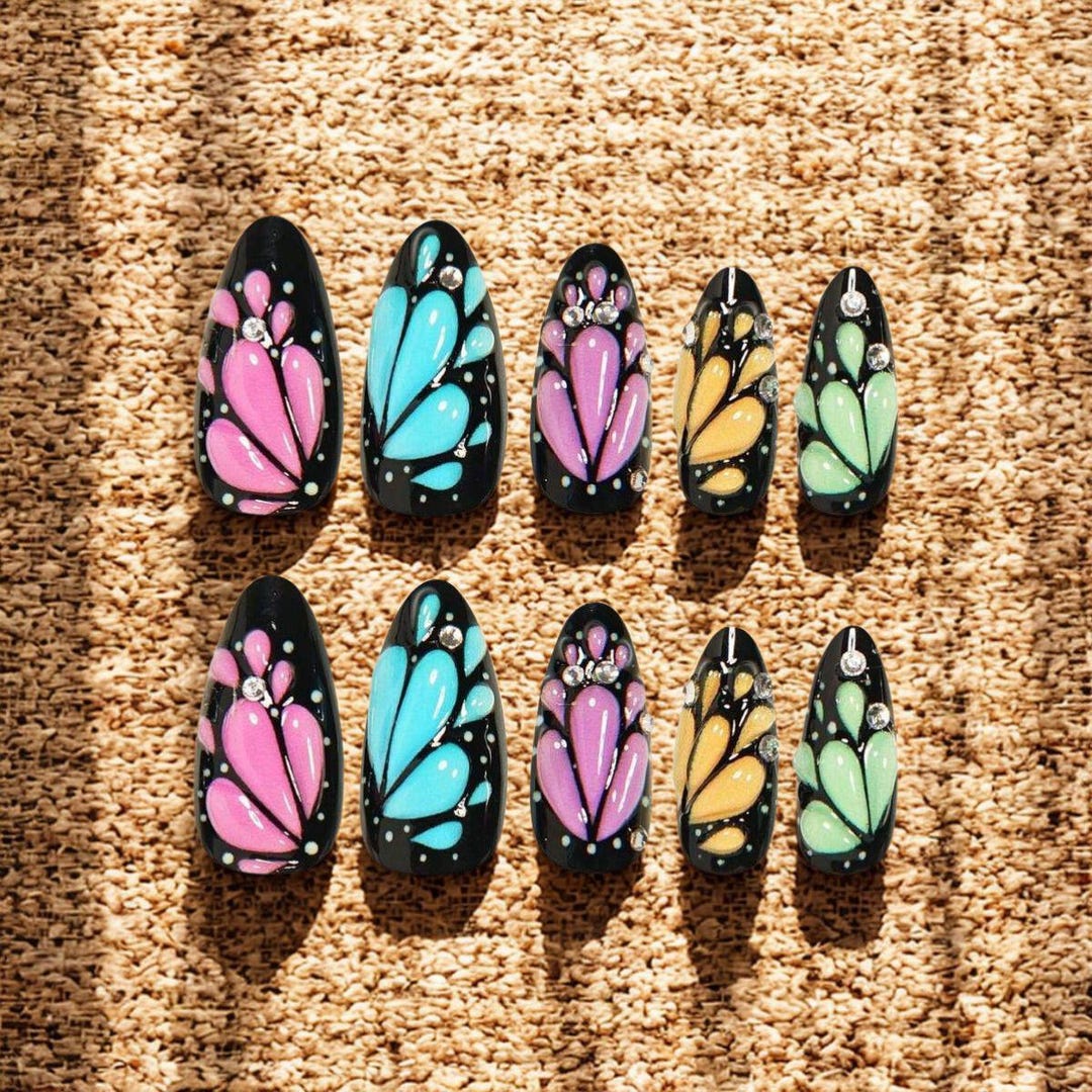 24pcs Candy Color Fake Nails With Butterfly, Almond Square Press on ...
