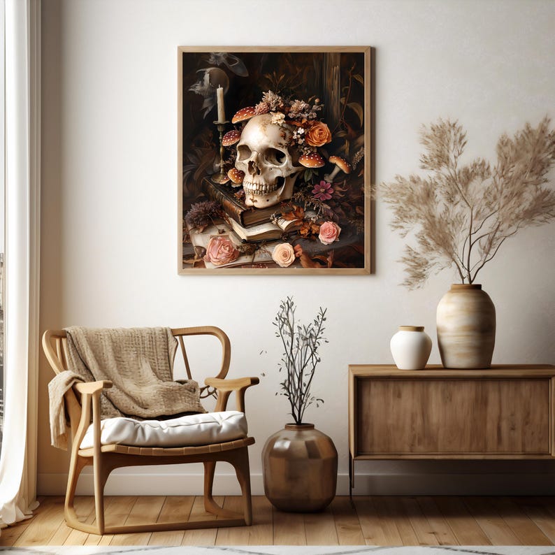 Floral Skull and Mushroom Wall Art – Witchy Gothic Botanical Decor ...