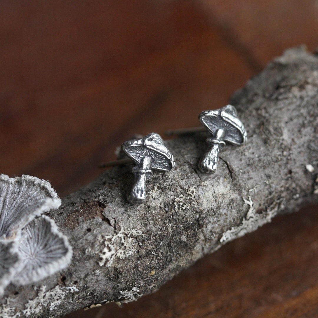 Silver Mushroom Stud Earrings, Toadstool Posts, Forestcore Jewelry - Etsy