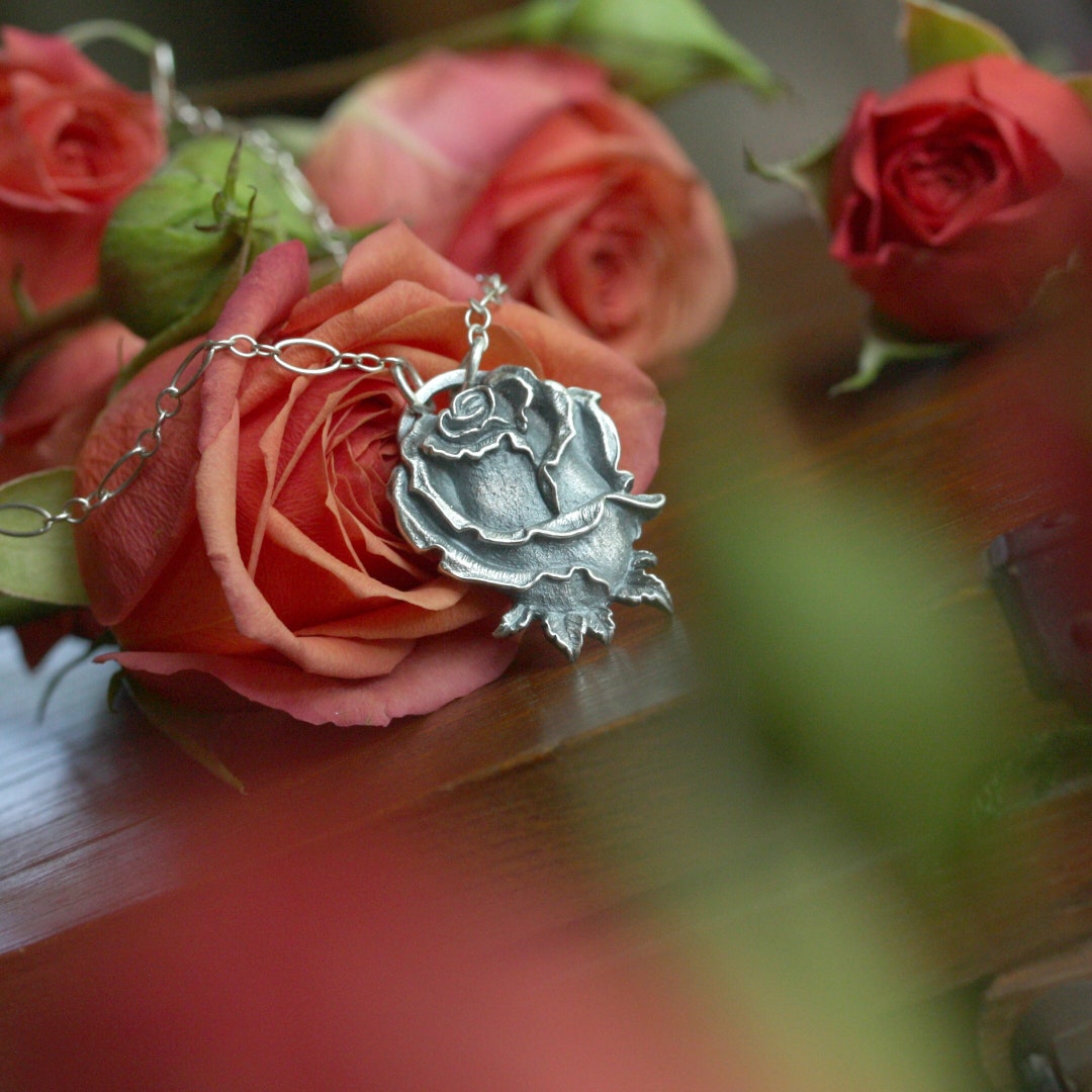 Rosebud Necklace, Solid Silver Rose Pendant, Cottagecore Jewelry ...