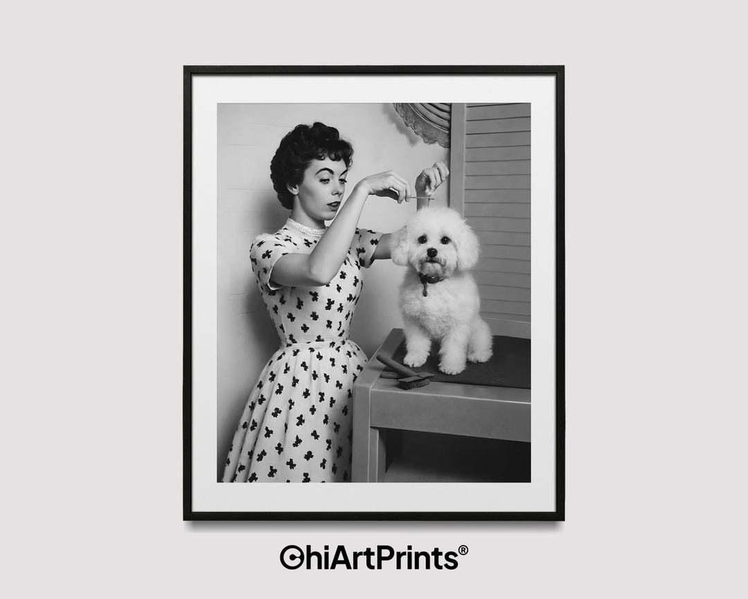 Retro Dog Grooming Poster, Vintage Woman With Fluffy Pup, Black and ...