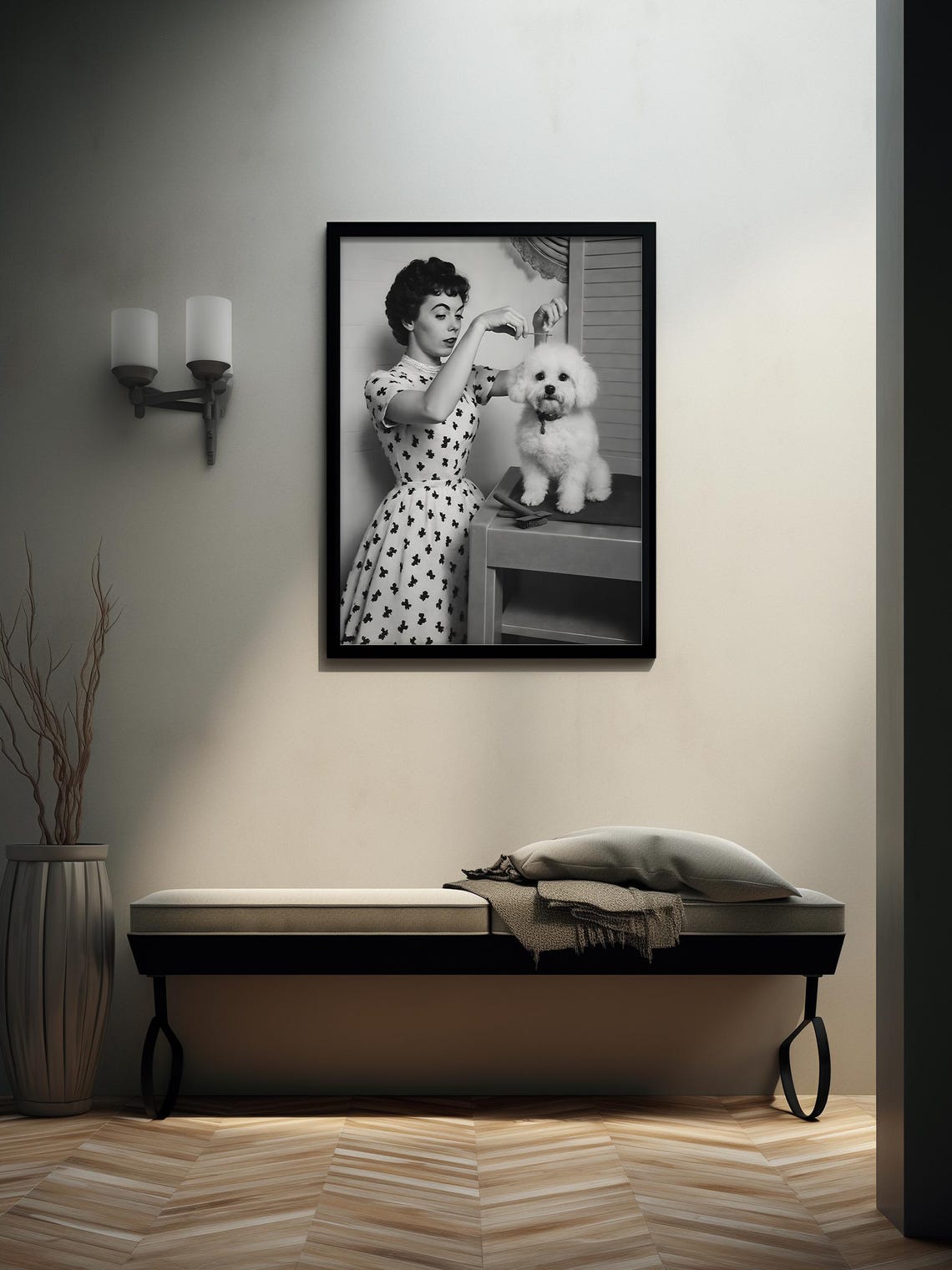 Retro Dog Grooming Poster, Vintage Woman With Fluffy Pup, Black and ...