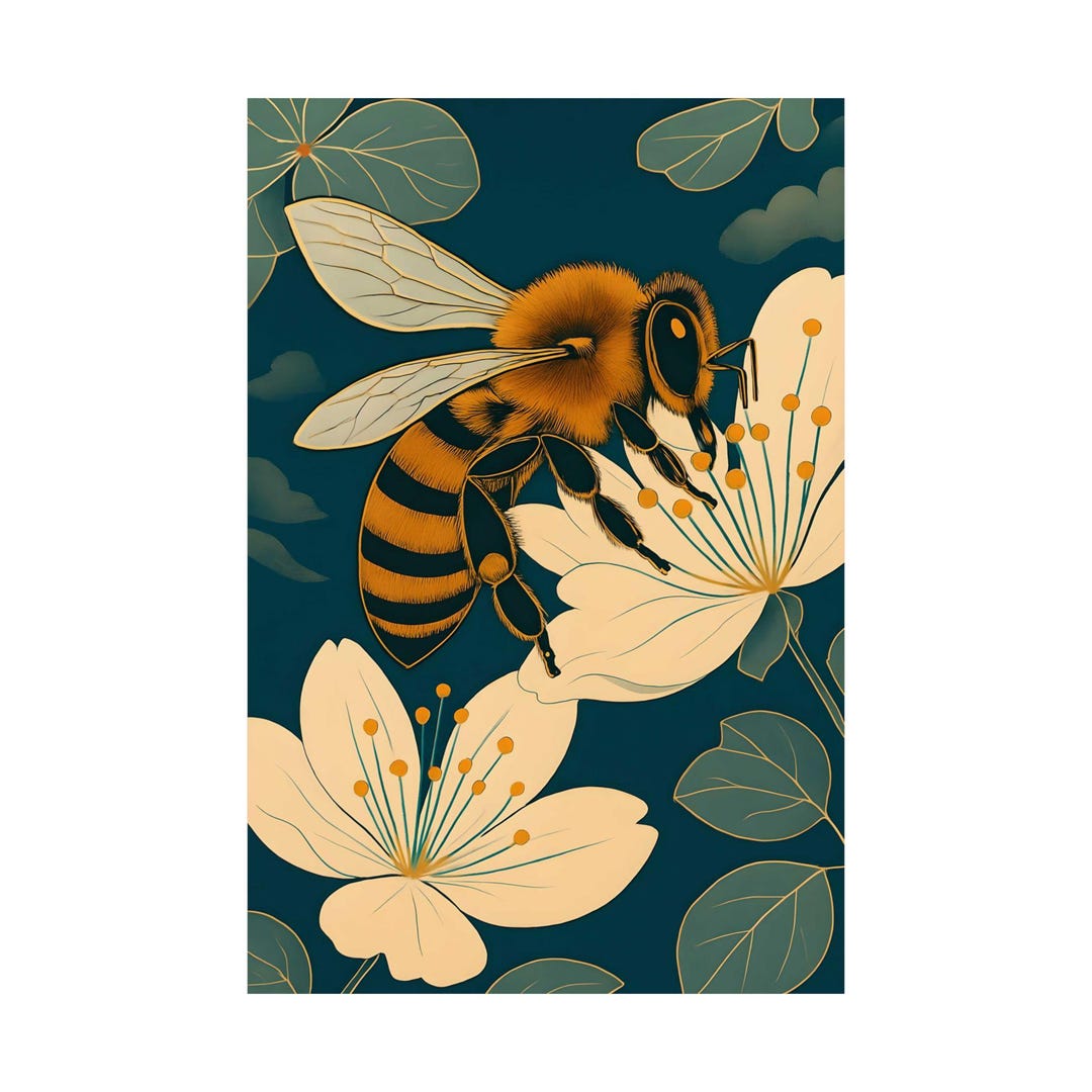 Bee Art Print Bumblebee Poster With Cream Flowers on Teal Botanical ...