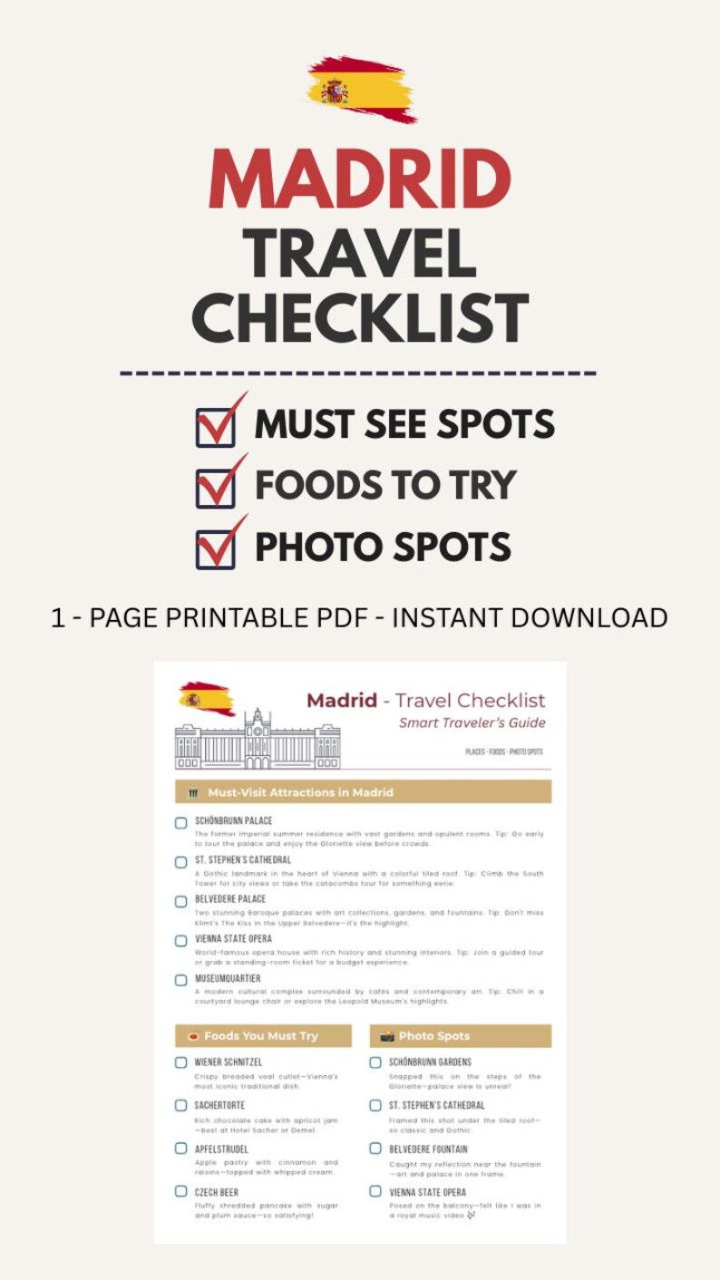 Madrid Travel Checklist | One-page PDF Itinerary | Spain City Guide - Etsy