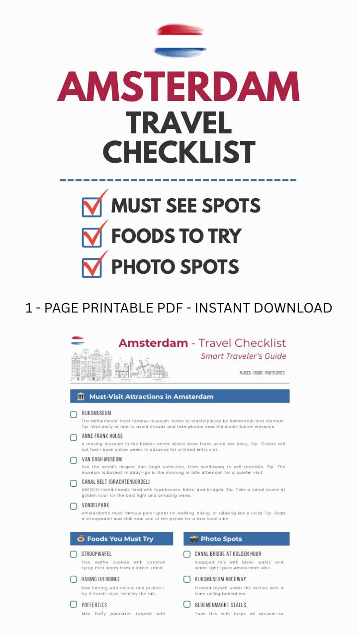 Amsterdam Travel Checklist | One-page PDF Itinerary | Netherlands City ...