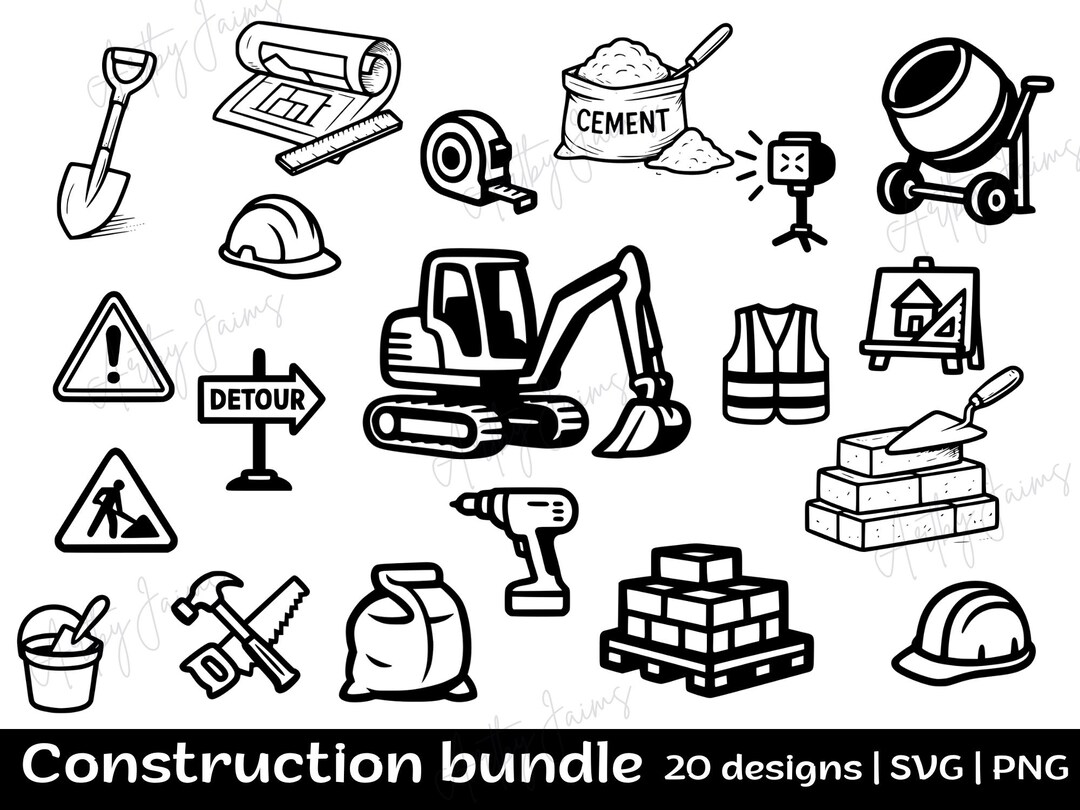 Construction SVG Bundle – 20 Builder & Tool Designs | Excavator, Hard ...