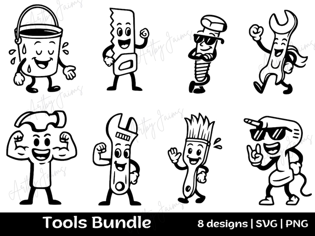 Cute Tool SVG Bundle | Funny Cartoon Tools SVG & PNG | Hammer, Wrench ...