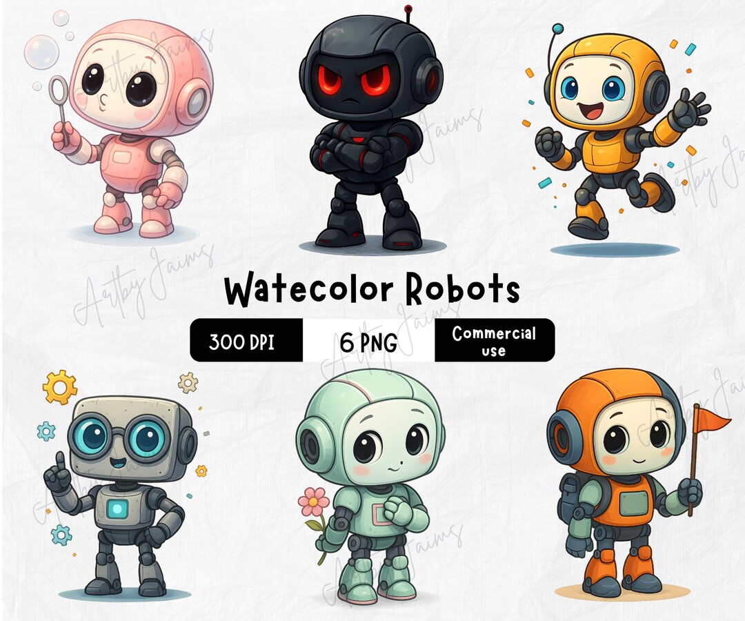 6 Watercolor Robot Clipart PNG | Cute Robot Illustrations | Kids Robot ...