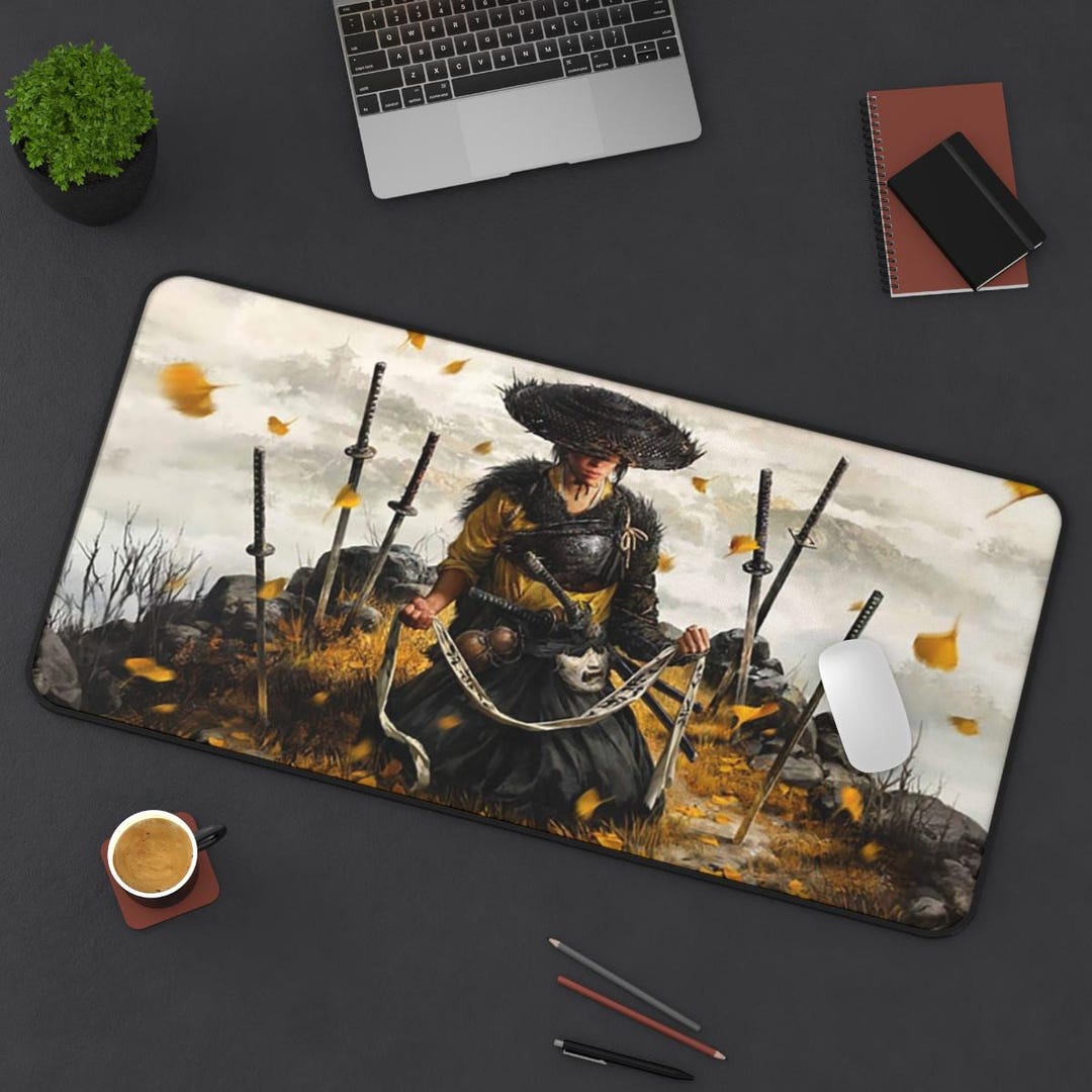 Ghost of Yotei Samurai Warrior Desk Mat, Lone Ronin With Falling Leaves ...