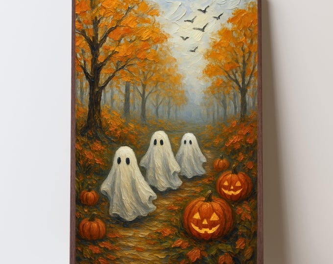 Halloween Ghost Painting: Spooky Autumn Forest Wall Art (digital ...