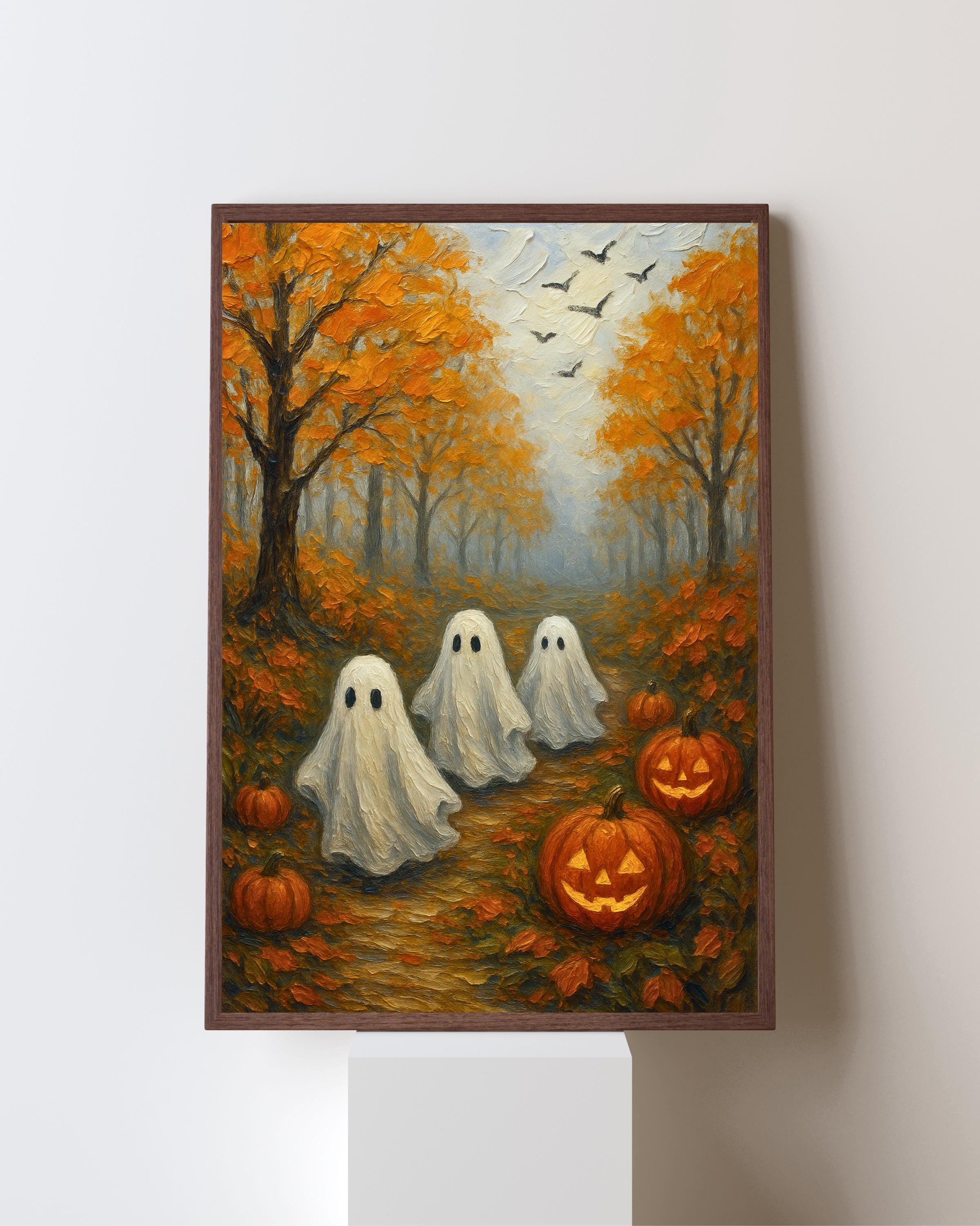 Halloween Ghost Painting: Spooky Autumn Forest Wall Art (digital ...