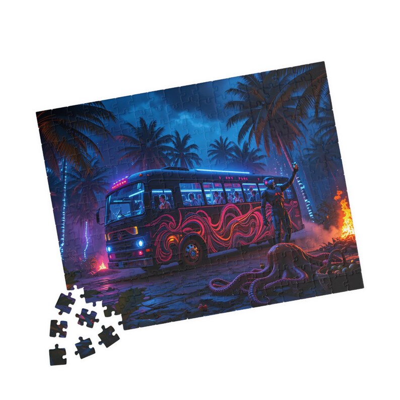 Tour From Nowhere. Cyber Jungle Puzzle. Neon Bus, Robot, Campfire ...