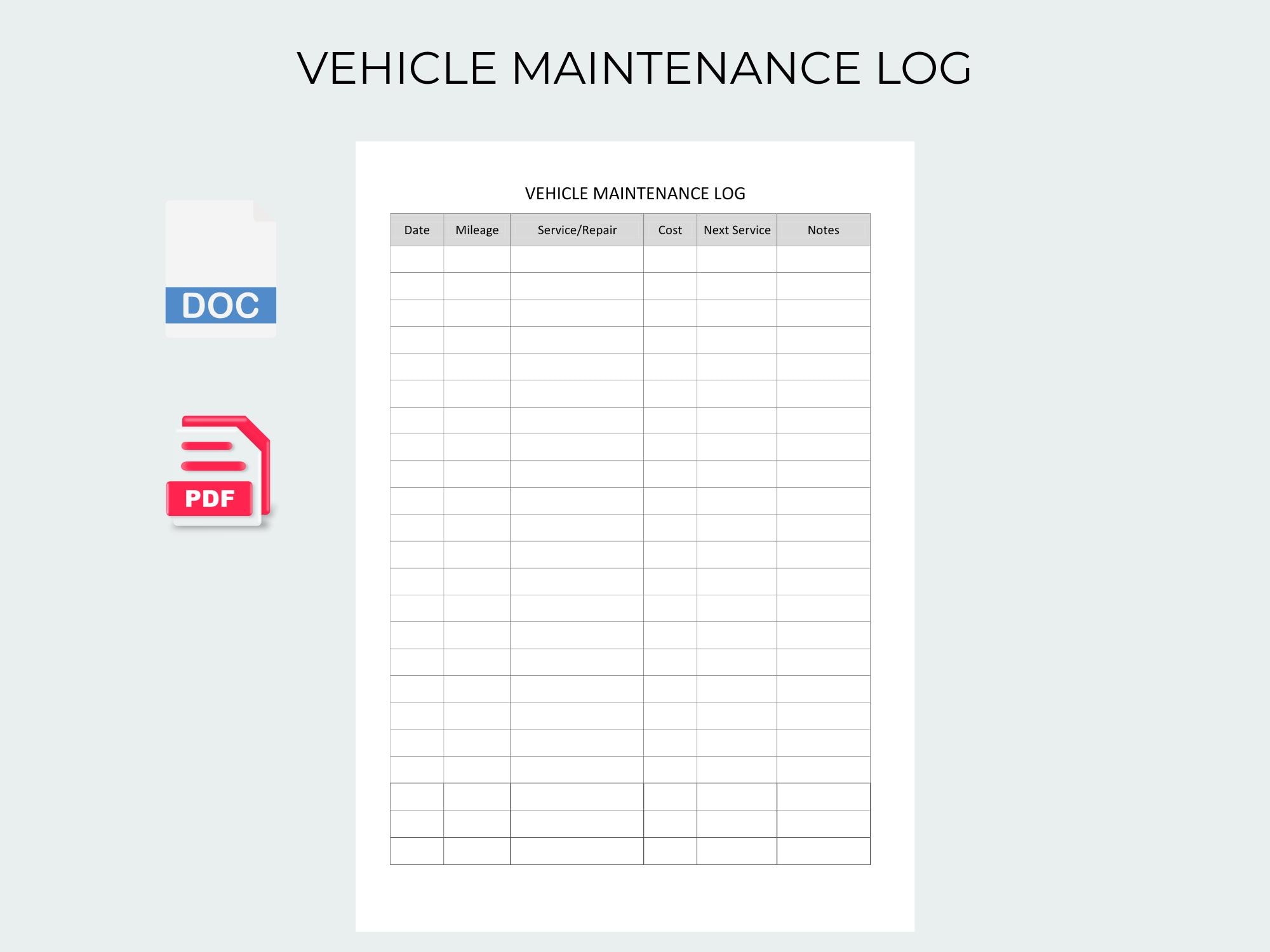 Vehicle Maintenance Log Printable Car Service Record Auto Repair ...